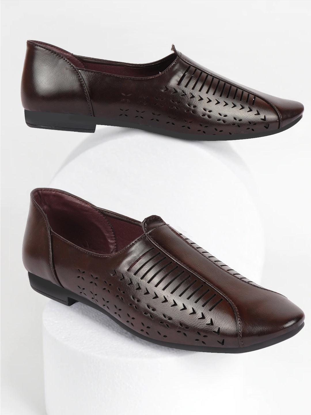 Buy FAUSTO Men Brown Laser Cut Design PU Mojaris - Casual Shoes for Men ...
