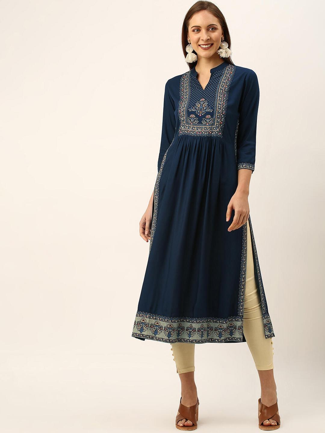 Buy ZOLA Women Blue Floral Yoke Design Mirror Work Anarkali Kurta ...