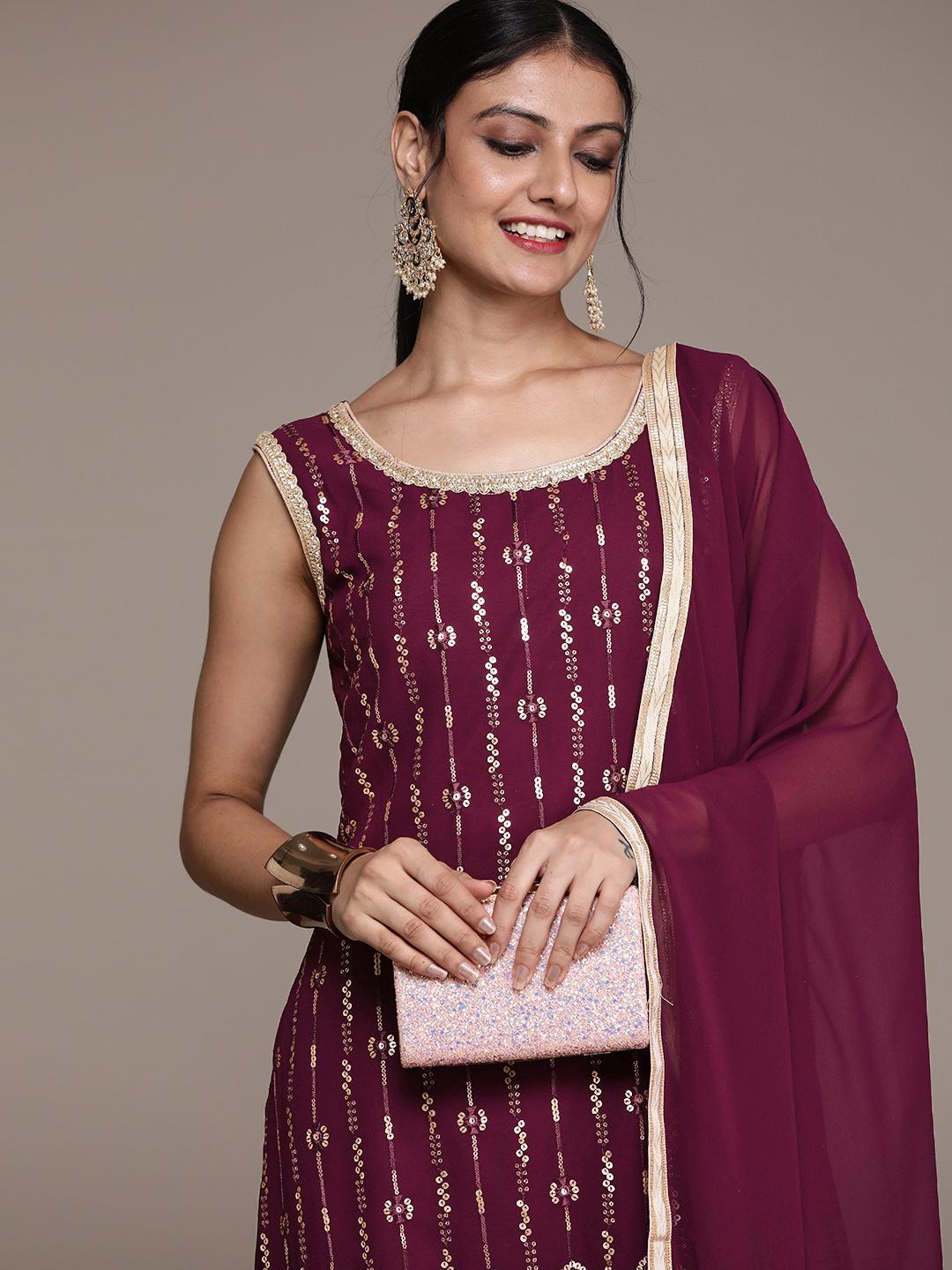 Buy SAARYA Women Purple Ethnic Motifs Colourblocked Thread Work Kurta ...