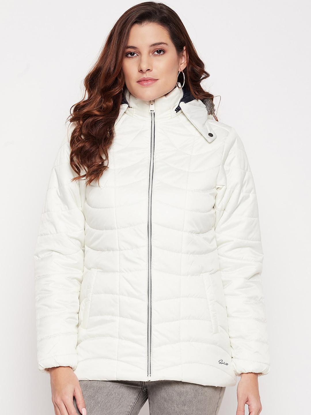 Buy Spirit Women White Solid Windcheater Hooded Long Sleeves Longline ...