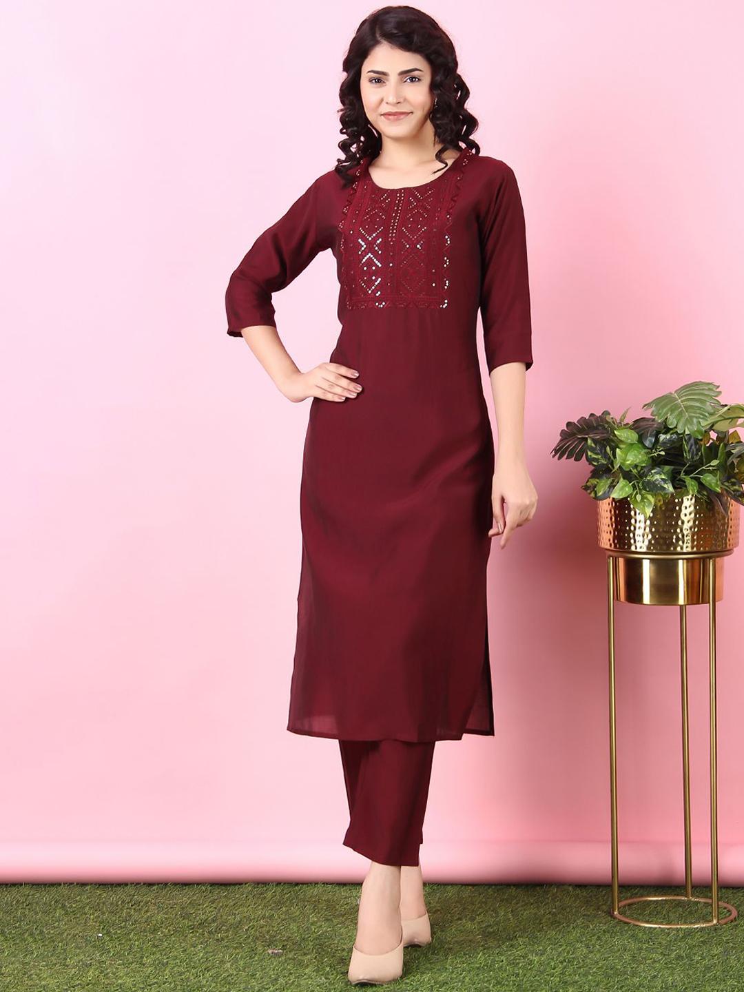 Buy V TRADITION Women Maroon Ethnic Motifs Yoke Design Sequinned Kurta ...