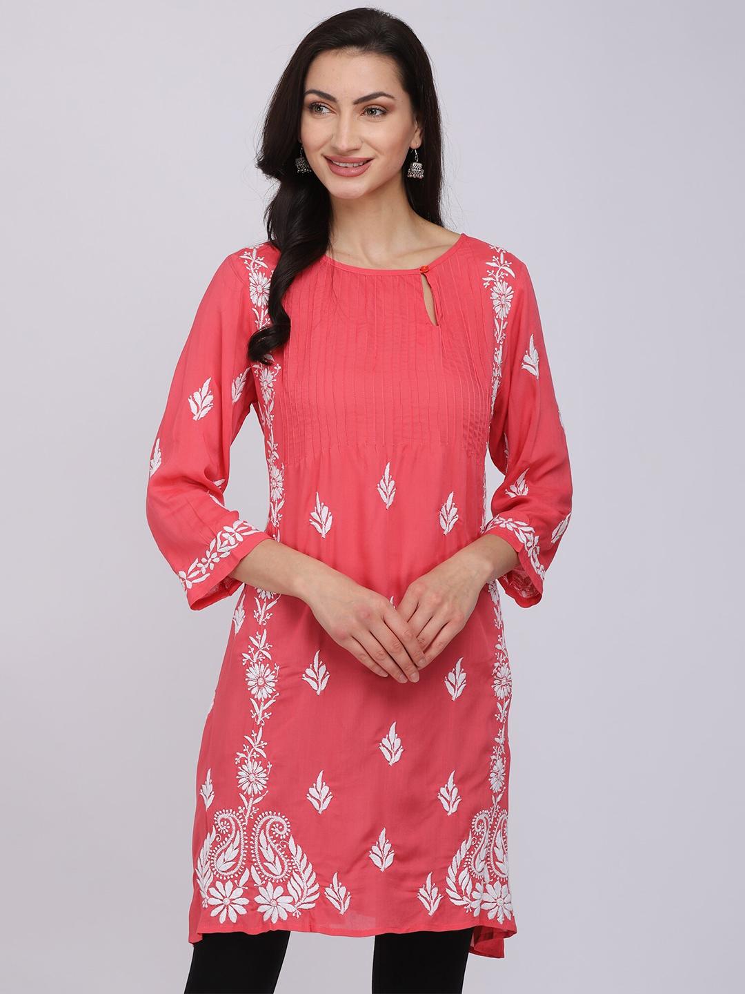 Buy PARAMOUNT CHIKAN Women Red Ethnic Motifs Chikankari Embroidered A ...