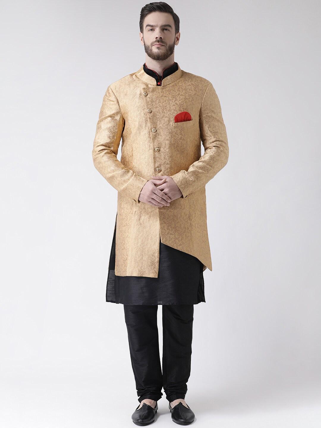 Buy Hangup Men Gold Coloured & Black Woven Design Sherwani Set ...