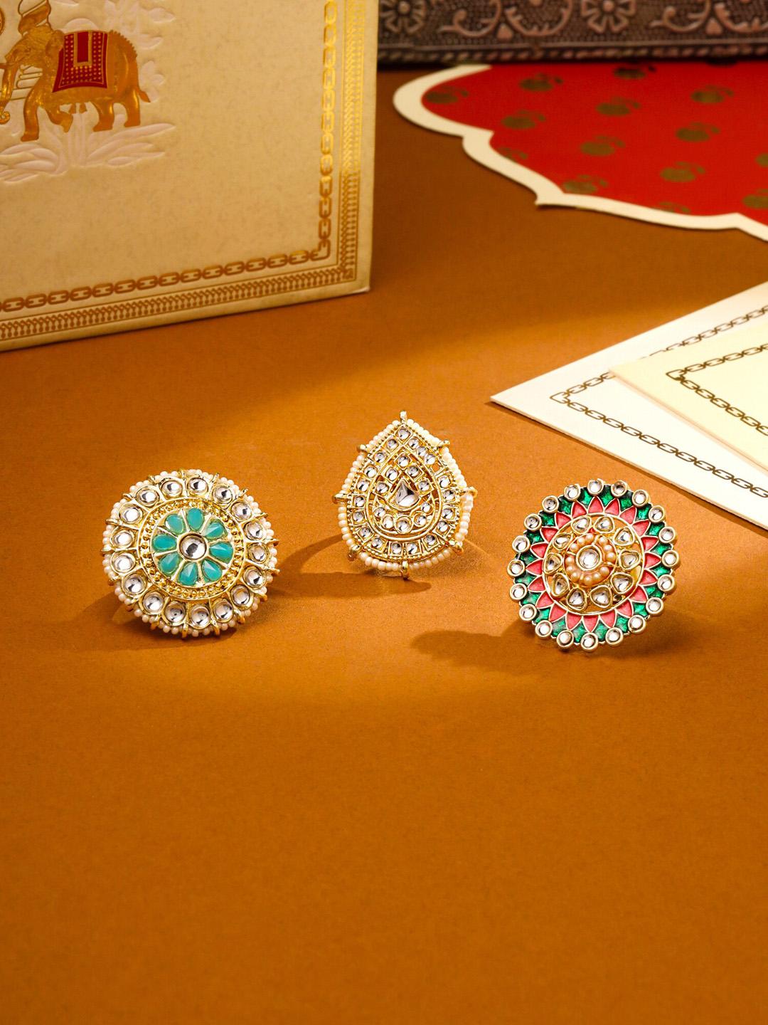 Buy Yellow Chimes Women Set Of 3 White Kundan And Moti Studded Finger ...