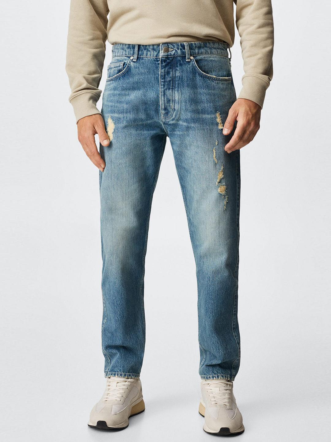 Buy MANGO MAN Blue Pure Cotton Straight Fit Mildly Distressed Heavy ...