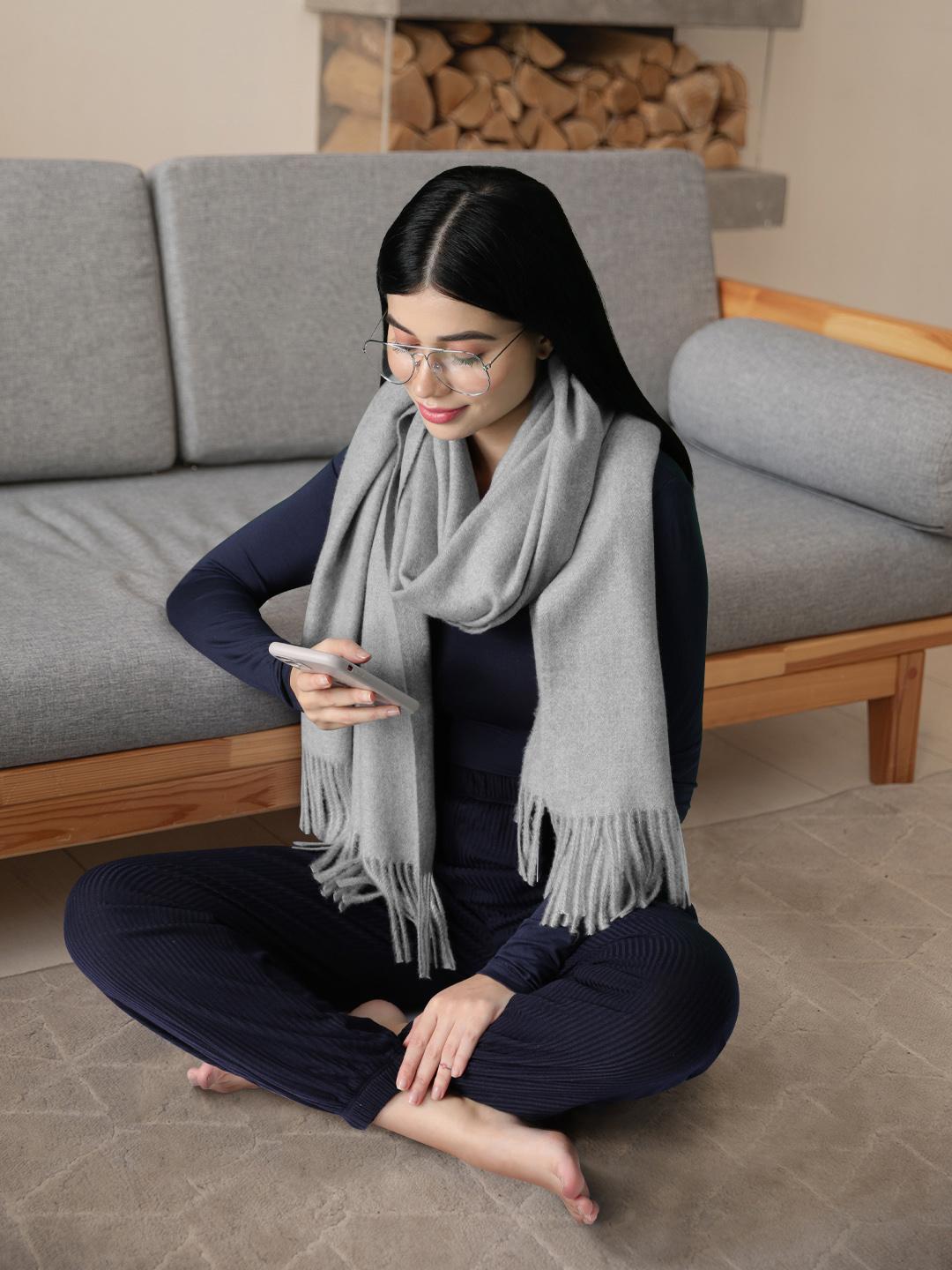 Buy MANGO Women Grey Melange Solid Fringed Edge Scarf - Scarves for ...