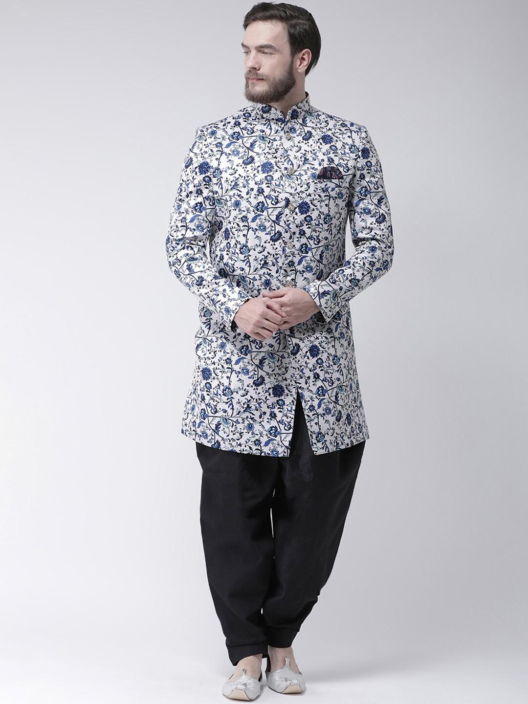 Buy Hangup Trend Men White & Blue Printed Sherwani Set - Sherwani for ...