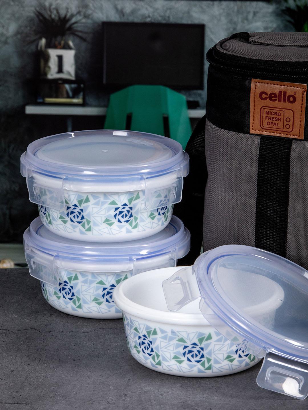 Buy Cello White Set Of 3 Dishwasher Safe Printed Glass Lunch Box With ...