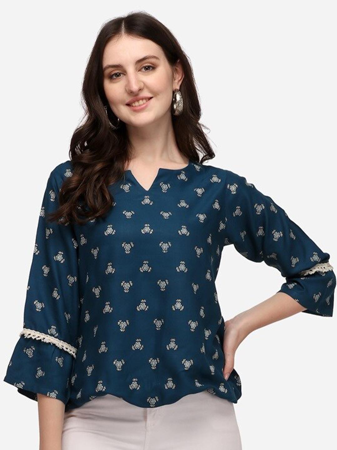 Buy Prettify Women Turquoise Blue Print Keyhole Neck Top - Tops for ...