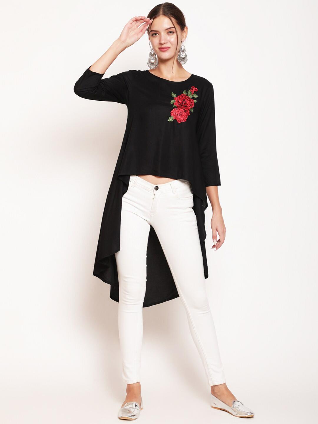 Buy AKIMIA Women Black & Red Floral Embroidered High Low Crop Top ...