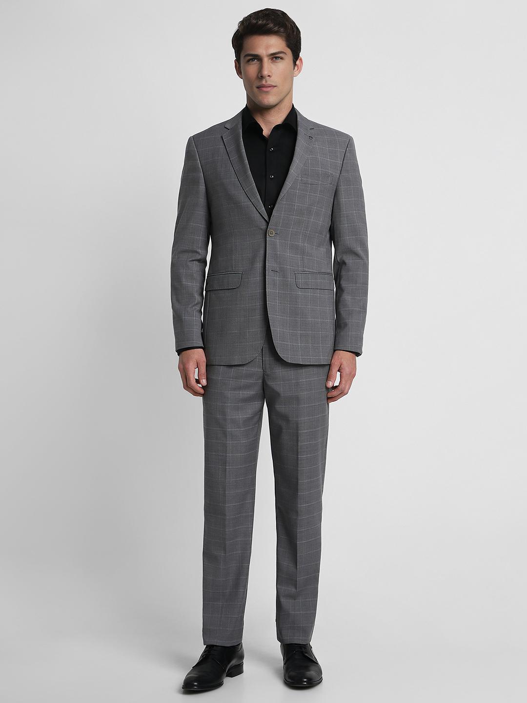 Buy Louis Philippe Men Grey Self Design Checked Slim Fit Single ...