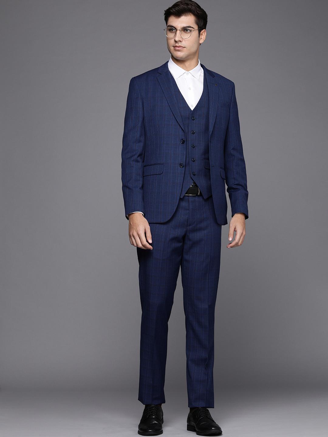 Buy Louis Philippe Men Navy Blue Self Design Checked Slim Fit Single ...