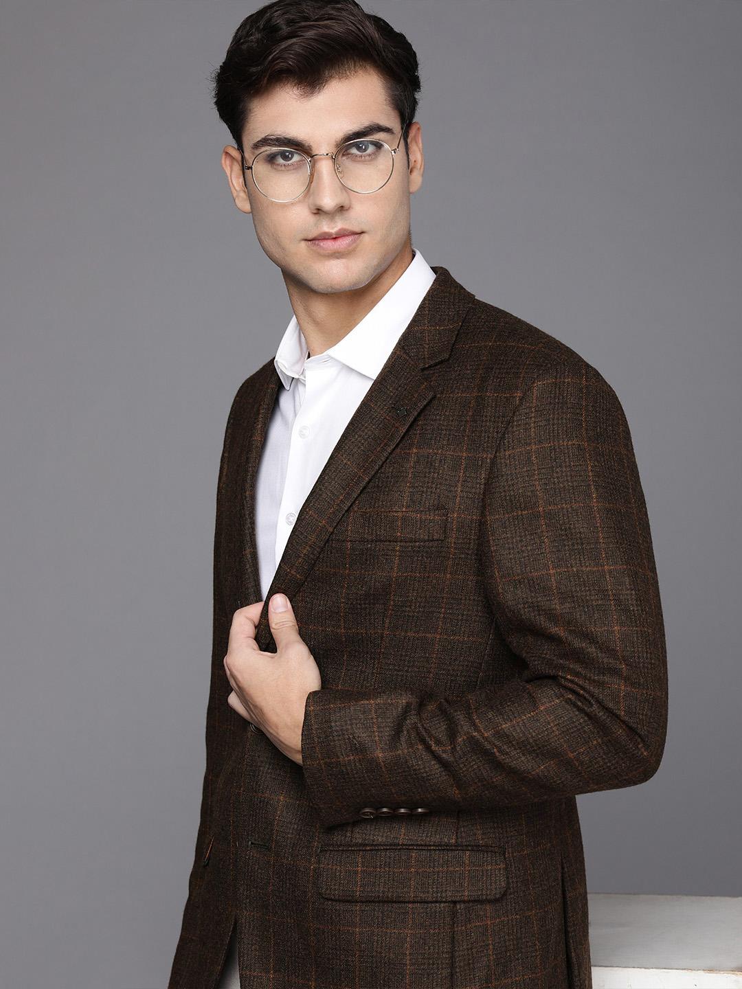 Buy Louis Philippe Brown Checked Single Breasted Tailored Formal Blazer ...