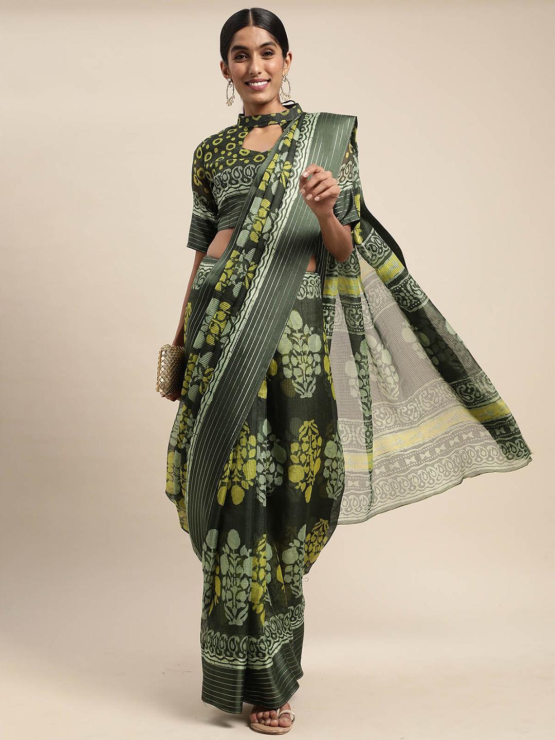 Buy ODETTE Olive Green & Yellow Floral Brasso Saree - Sarees for Women ...