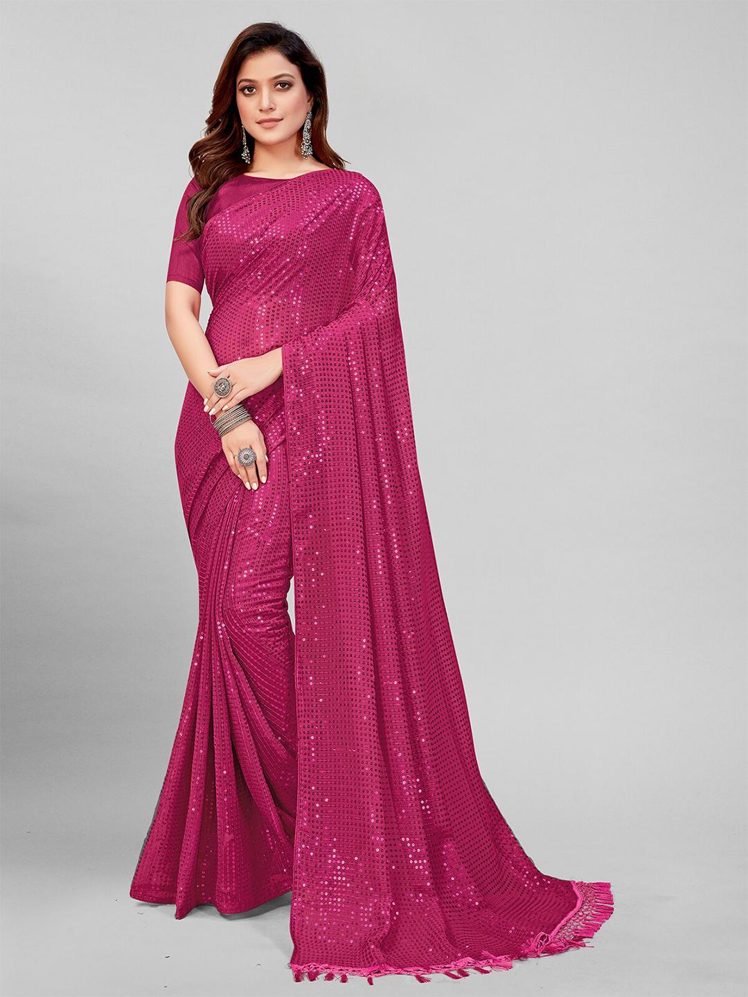 Buy Granthva Fab Pink Embellished Sequinned Pure Georgette Saree ...