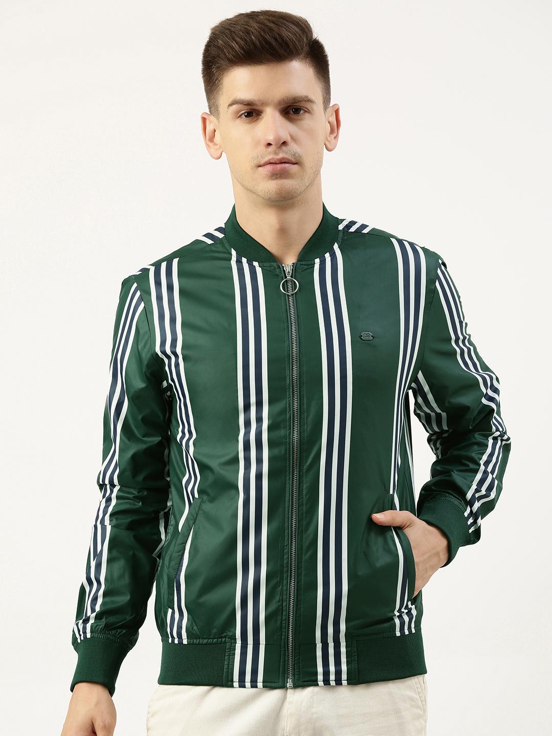 Buy Peter England Men Green & Navy Blue Striped Bomber Jacket - Jackets ...