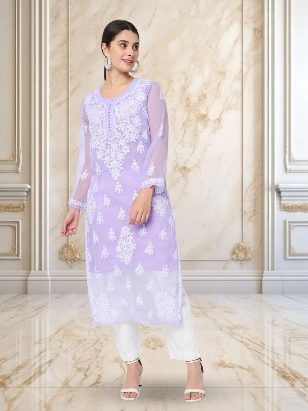 Buy PARAMOUNT CHIKAN Women Purple Ethnic Motif Embroidered Chikankari ...