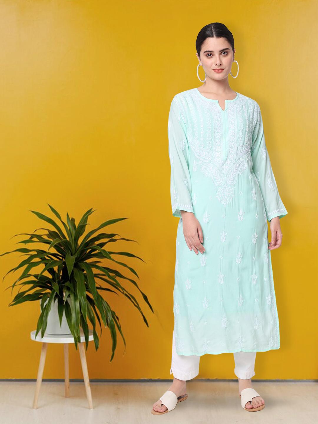 Buy PARAMOUNT CHIKAN Women Sea Green & White Embroidered Chikankari ...