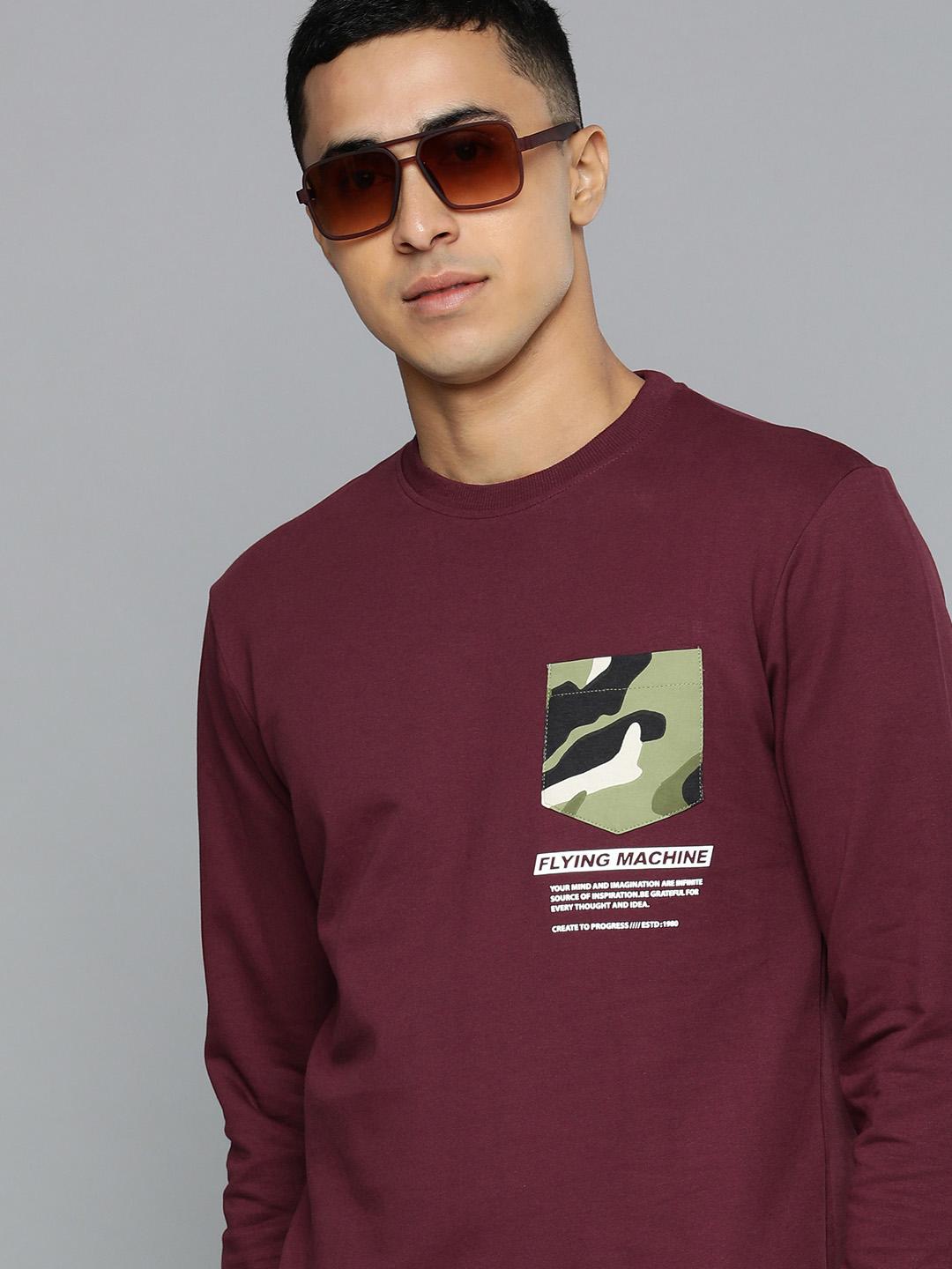 Buy Flying Machine Men Burgundy Brand Logo Placement Print Pockets Pure ...