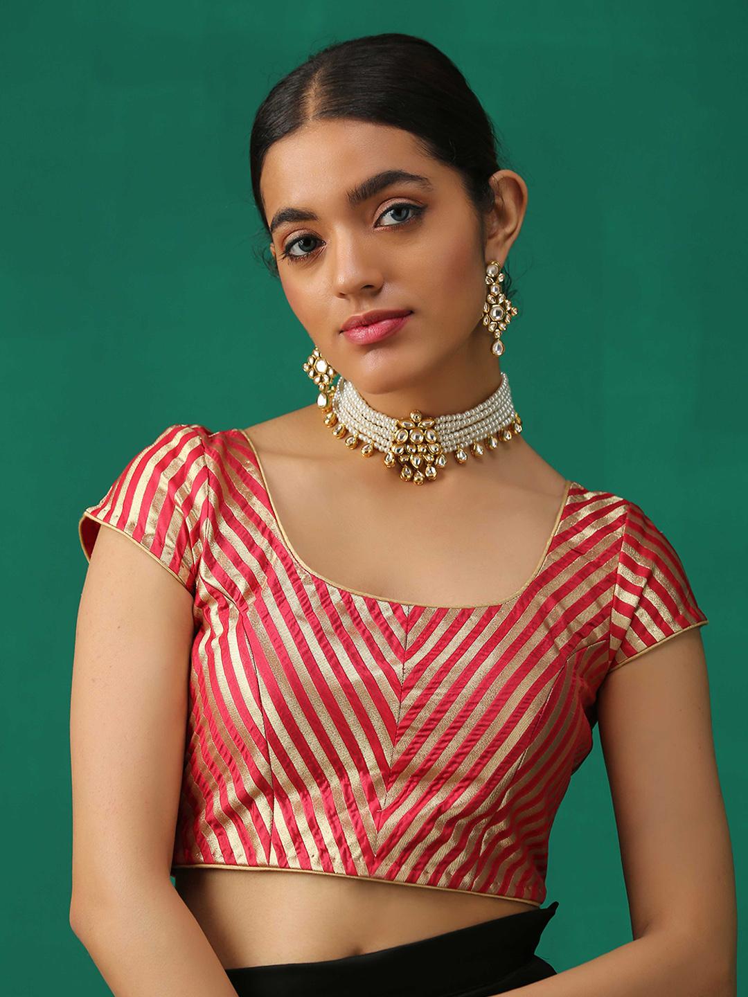 Buy Triyah Diagonal Striped Readymade Banarasi Blouse - Saree Blouse ...