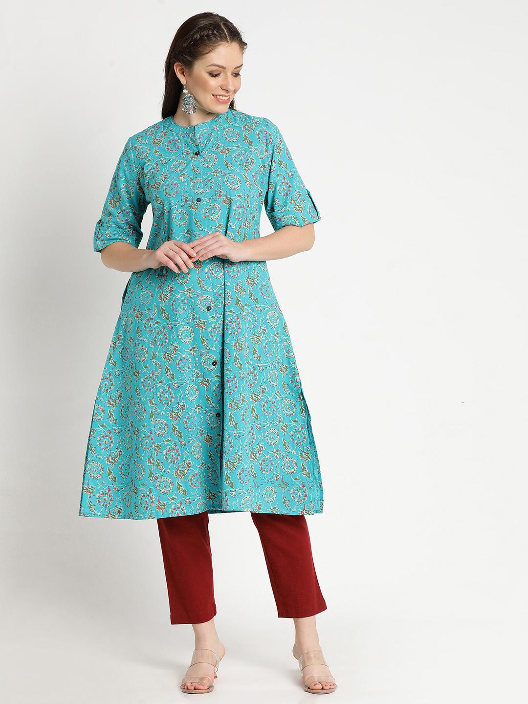 Buy FLAVIDO Women Blue Floral Printed Organic Cotton Kurta - Kurtas for ...