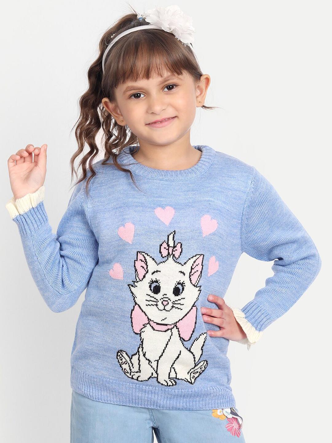 Buy YK Girls Blue & White Mari The Cat Printed Pullover - Sweaters for ...