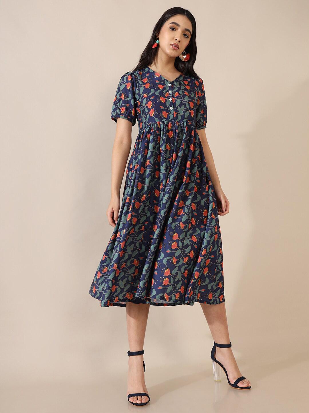 Buy Saaki Navy Blue & Peach Coloured Floral Printed Midi Dress ...