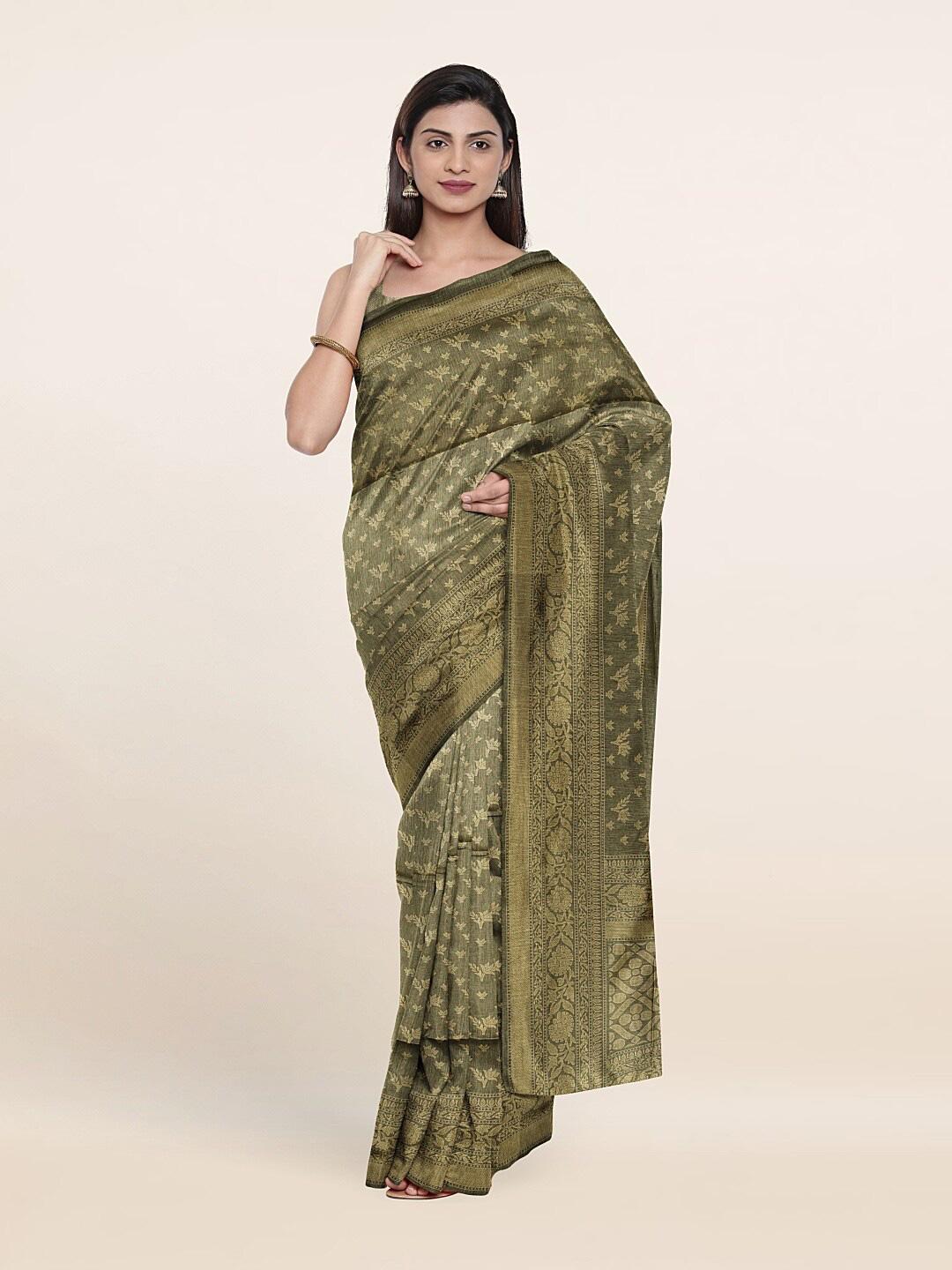 Buy Pothys Olive Green Ethnic Motifs Printed Cotton Blend Saree ...