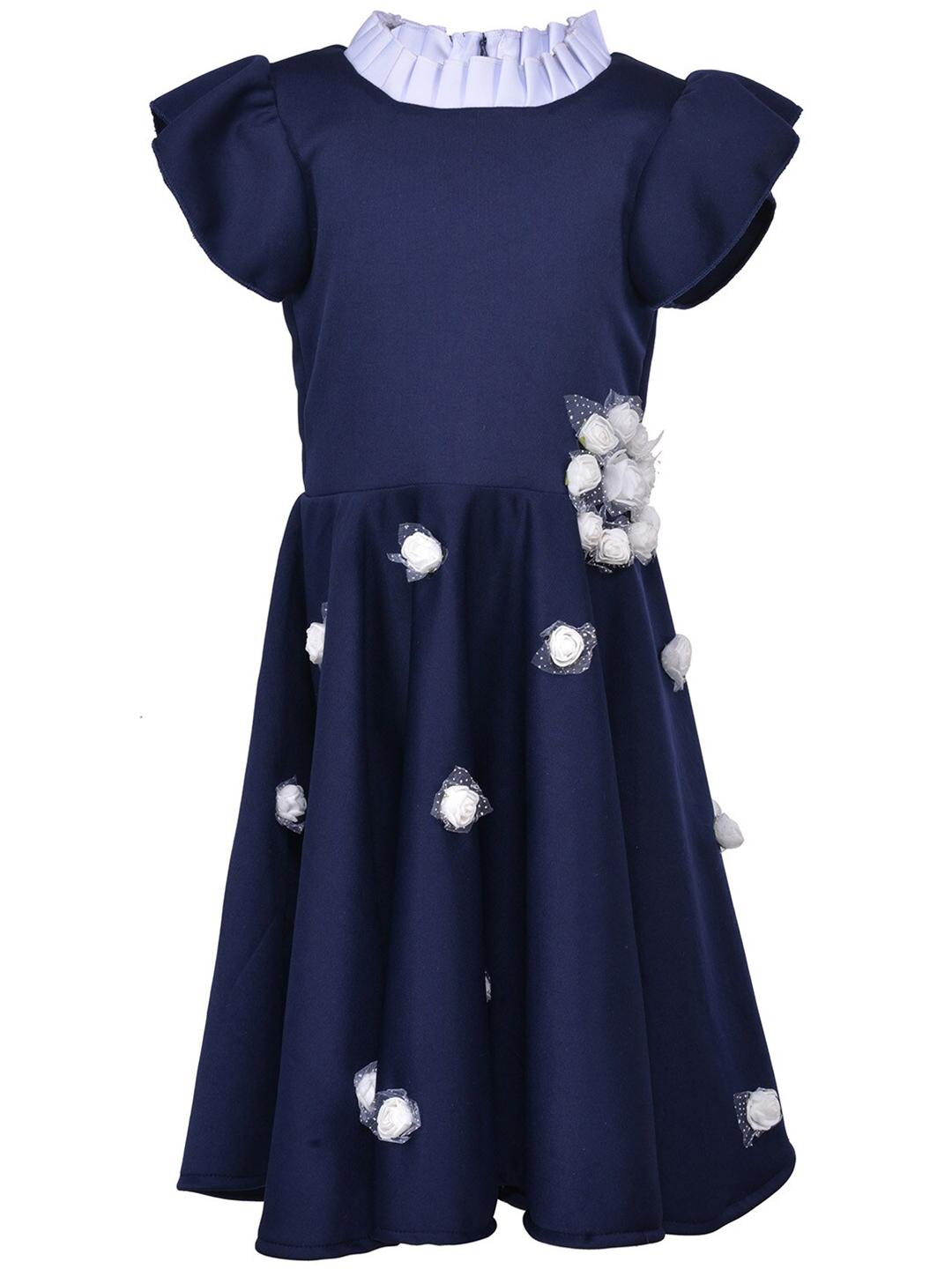 Buy Samsara Couture Navy Blue Flared Applique Floral Net Dress ...