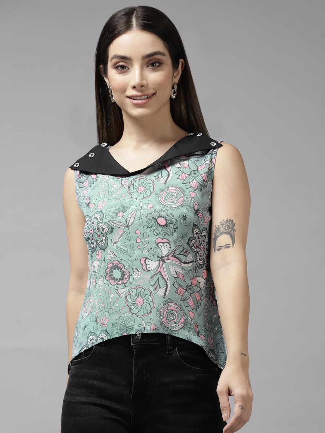 Buy Aarika Sage Green & Pink Floral Print High Low Top - Tops for Women ...