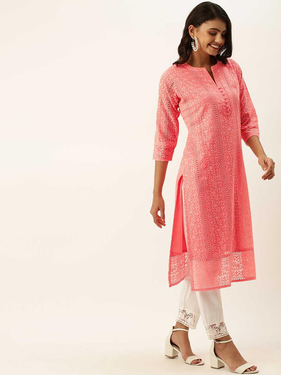 Buy ZOLA Women Peach Coloured Yoke Design Keyhole Neck Flared Sleeves ...
