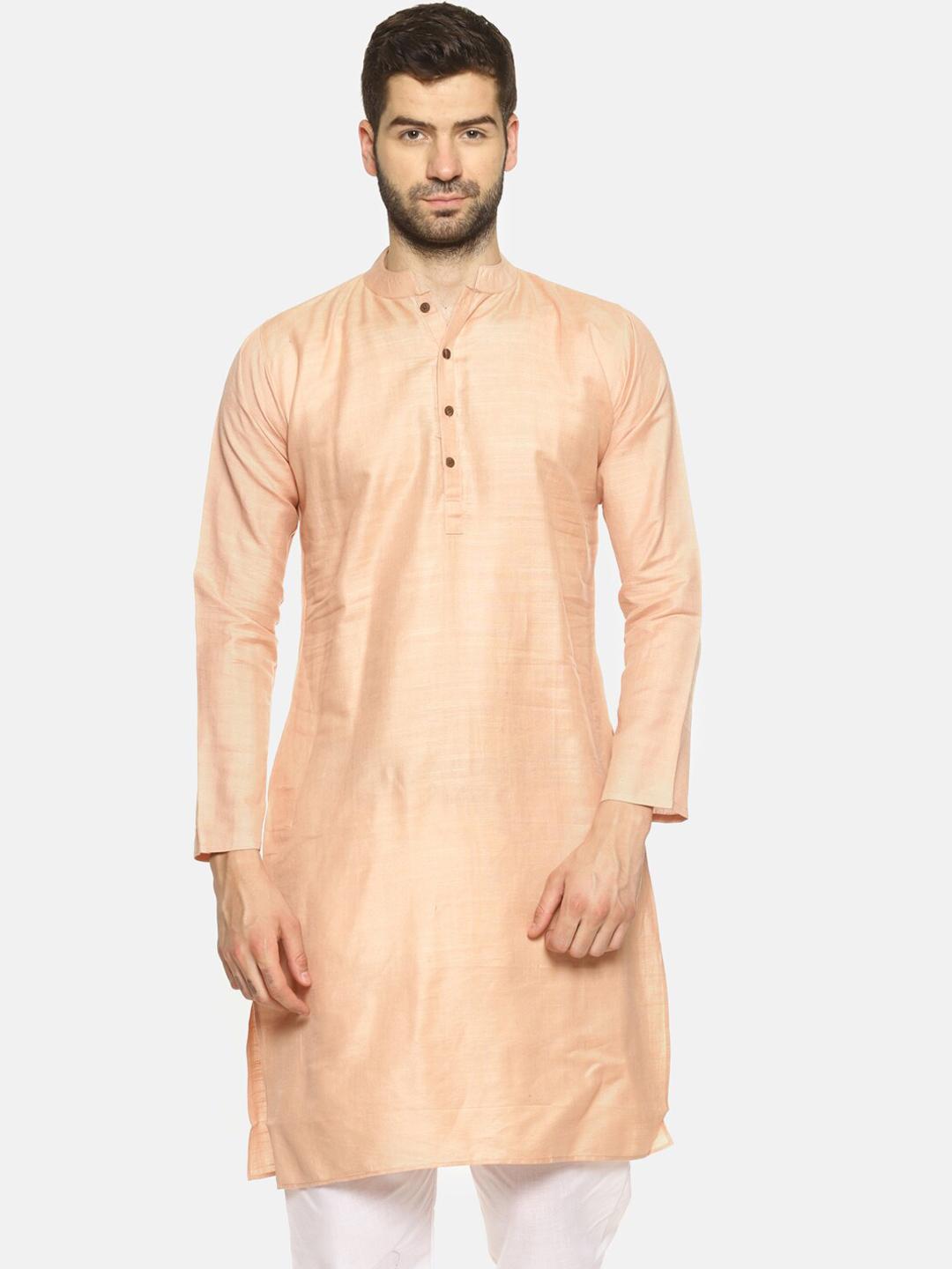 Buy PAROKSH Men Peach Coloured Thread Work Pastels Dobby Kurta - Kurtas ...