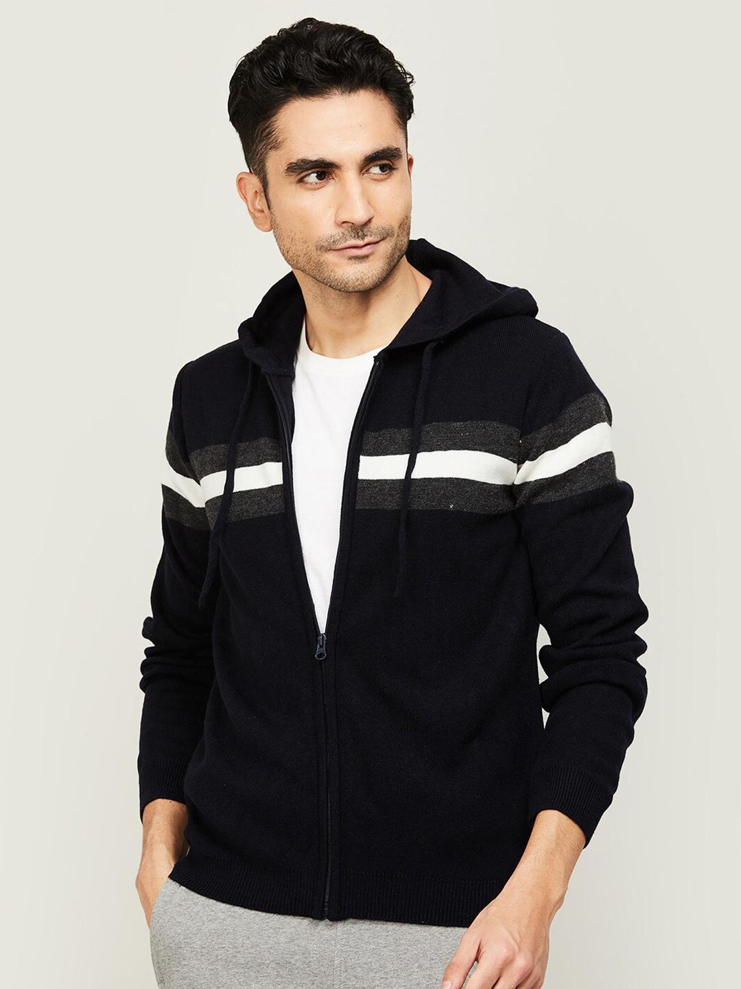 Buy CODE By Lifestyle Men Navy Blue And White Striped Hooded Zipped ...