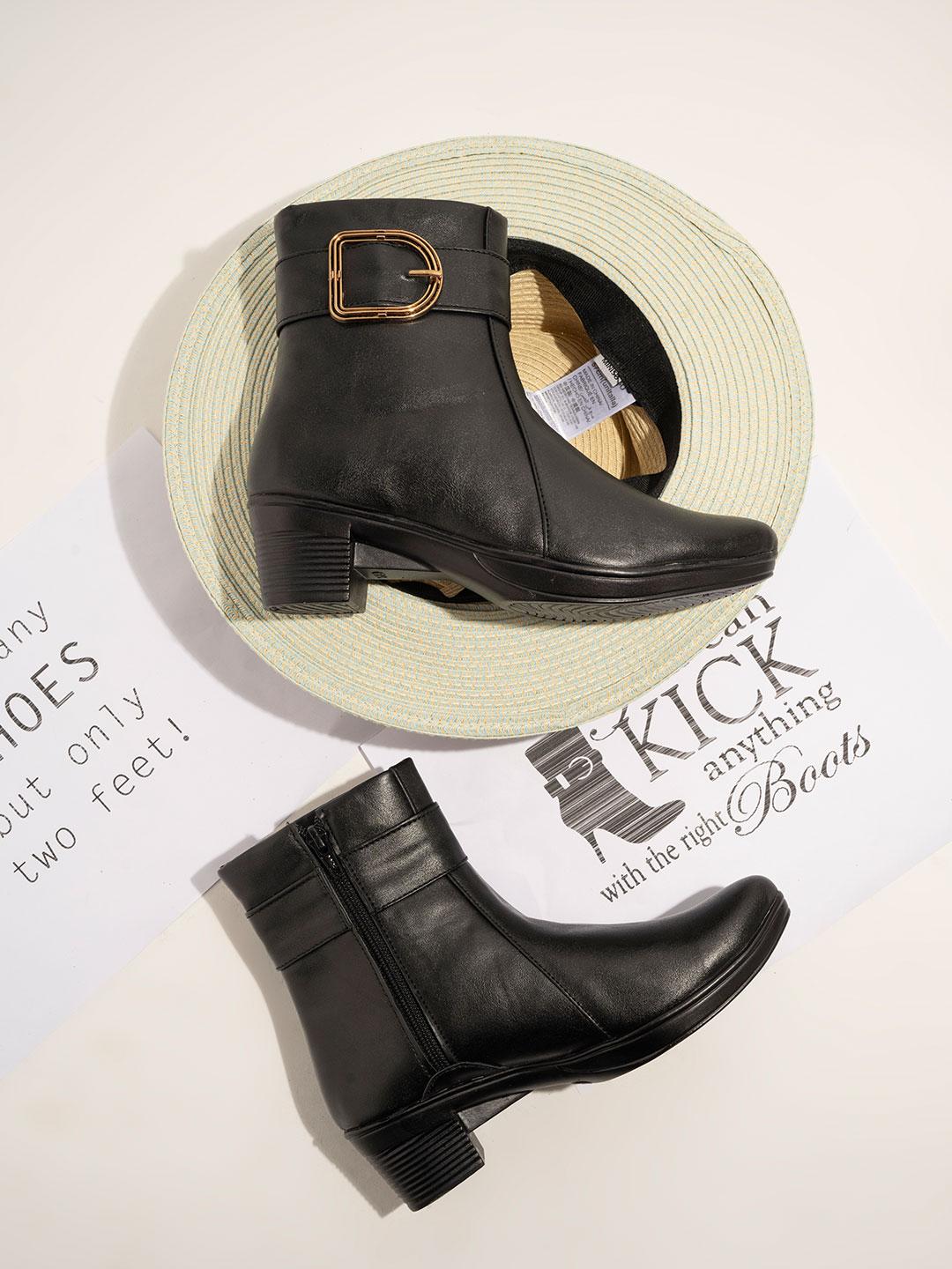 Buy Shoetopia Women Black Solid Casual Block Heeled Boots - Boots for ...