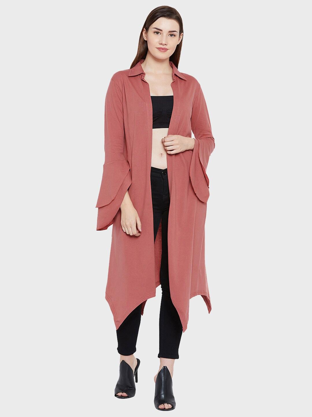 Buy Hypernation Women Rust Solid Cotton Knitted Longline Shrug - Shrug ...