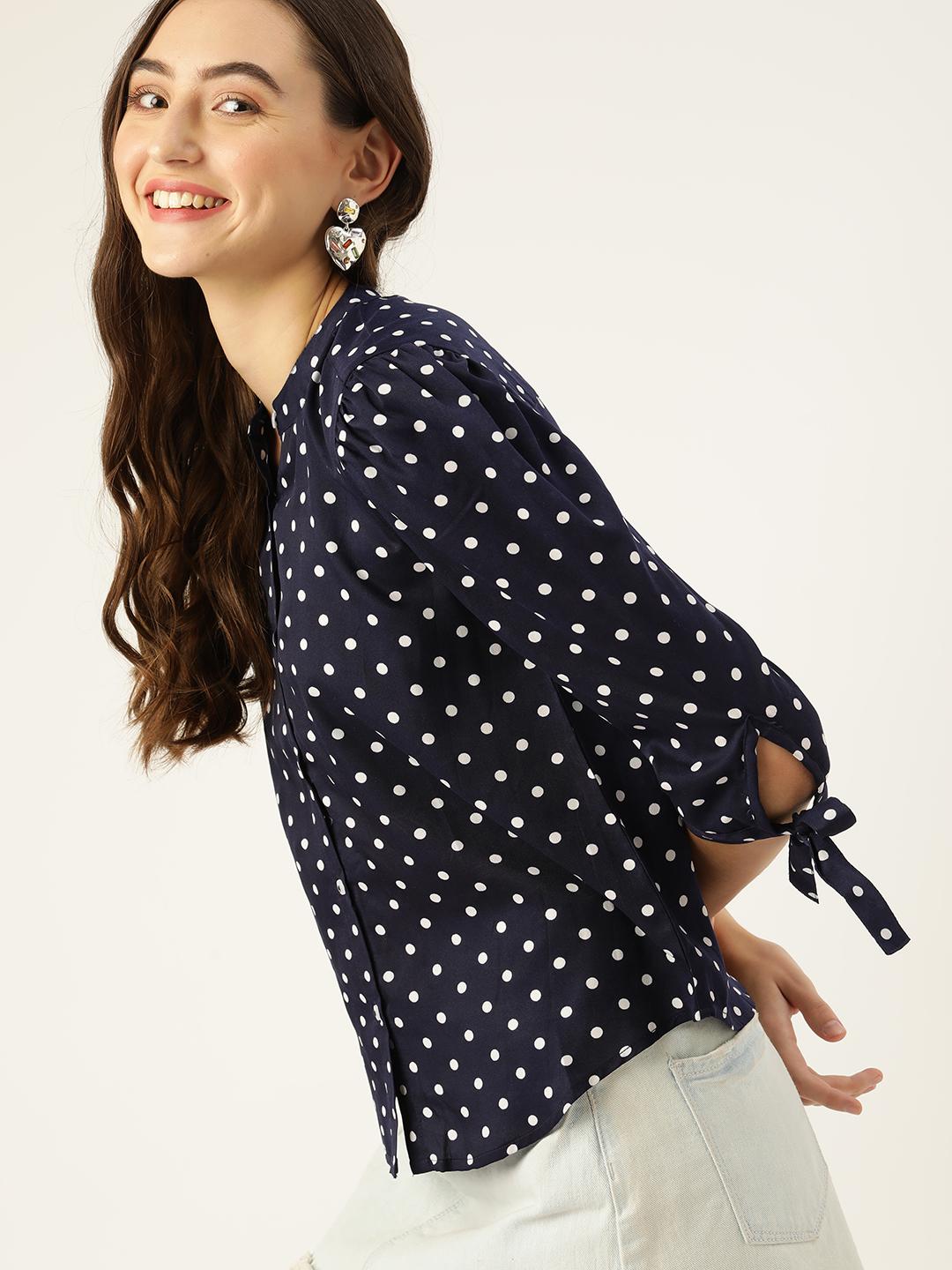 Buy DressBerry Navy Blue & White Print Mandarin Collar Top - Tops for ...