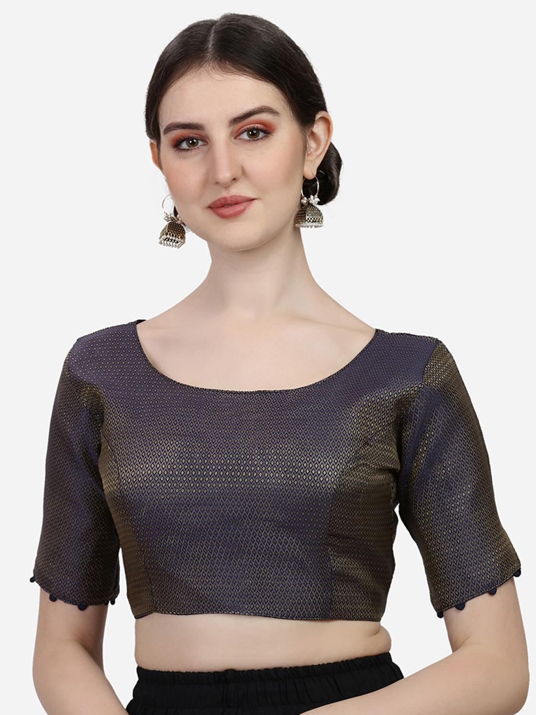 Buy Fab Dadu Women Navy Blue & Gold Woven Design Jacquard Saree Blouse ...