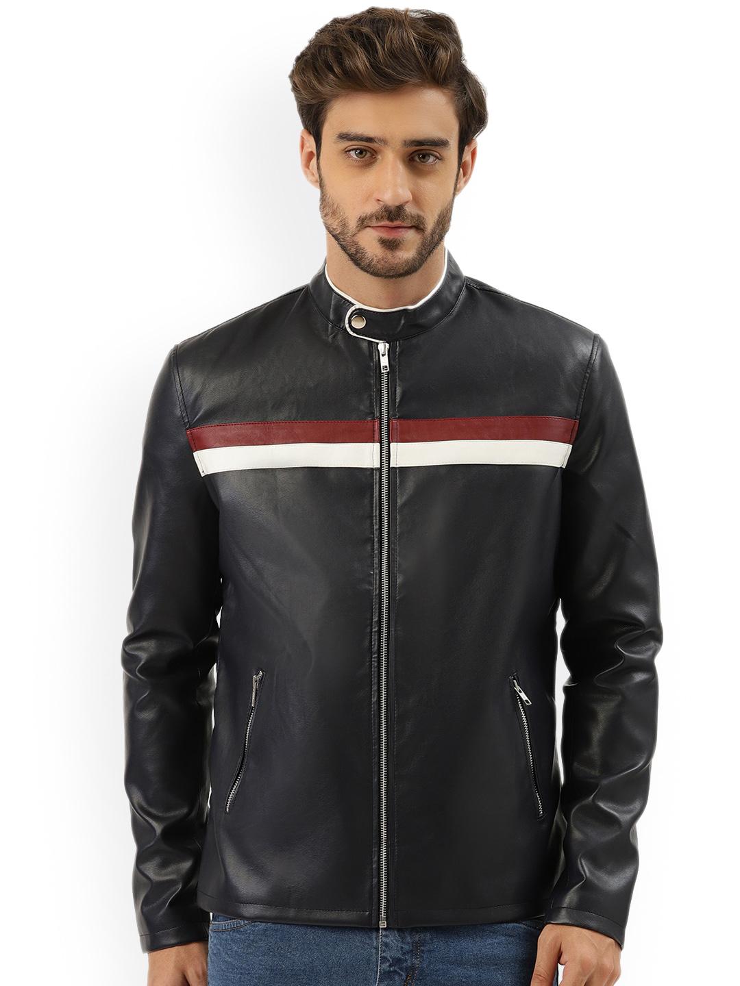 Buy Leather Retail Men Black Striped Outdoor Biker Jacket - Jackets for ...