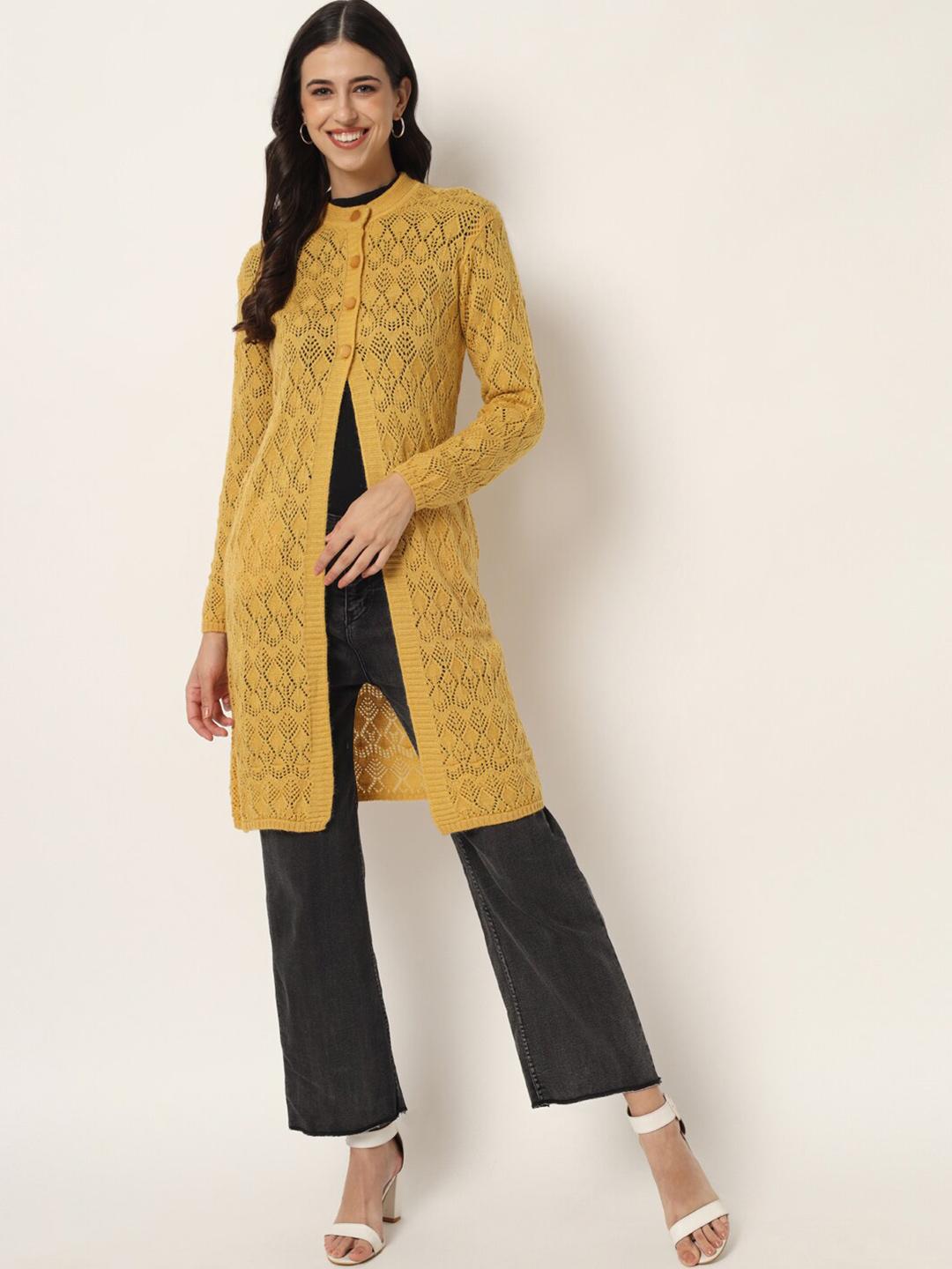 Buy BROOWL Women Mustard Yellow Self Design Round Neck Longline ...