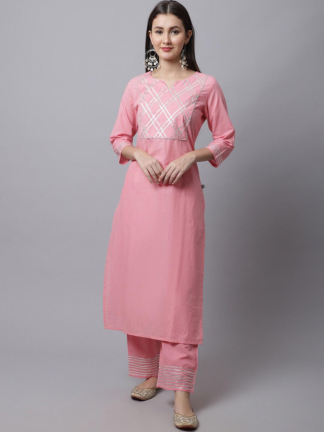 Buy Pistaa Women Pink & Silver Self Design Pure Cotton Straight Kurta ...