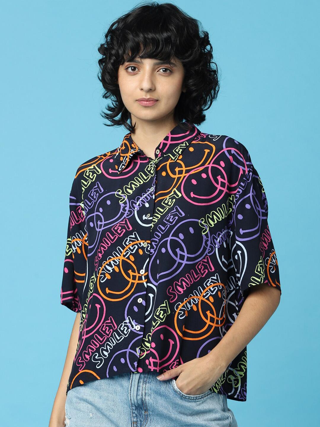 Buy ONLY Women Blue Boxy Printed Crop Casual Shirt ONLFEELING LOGO ...