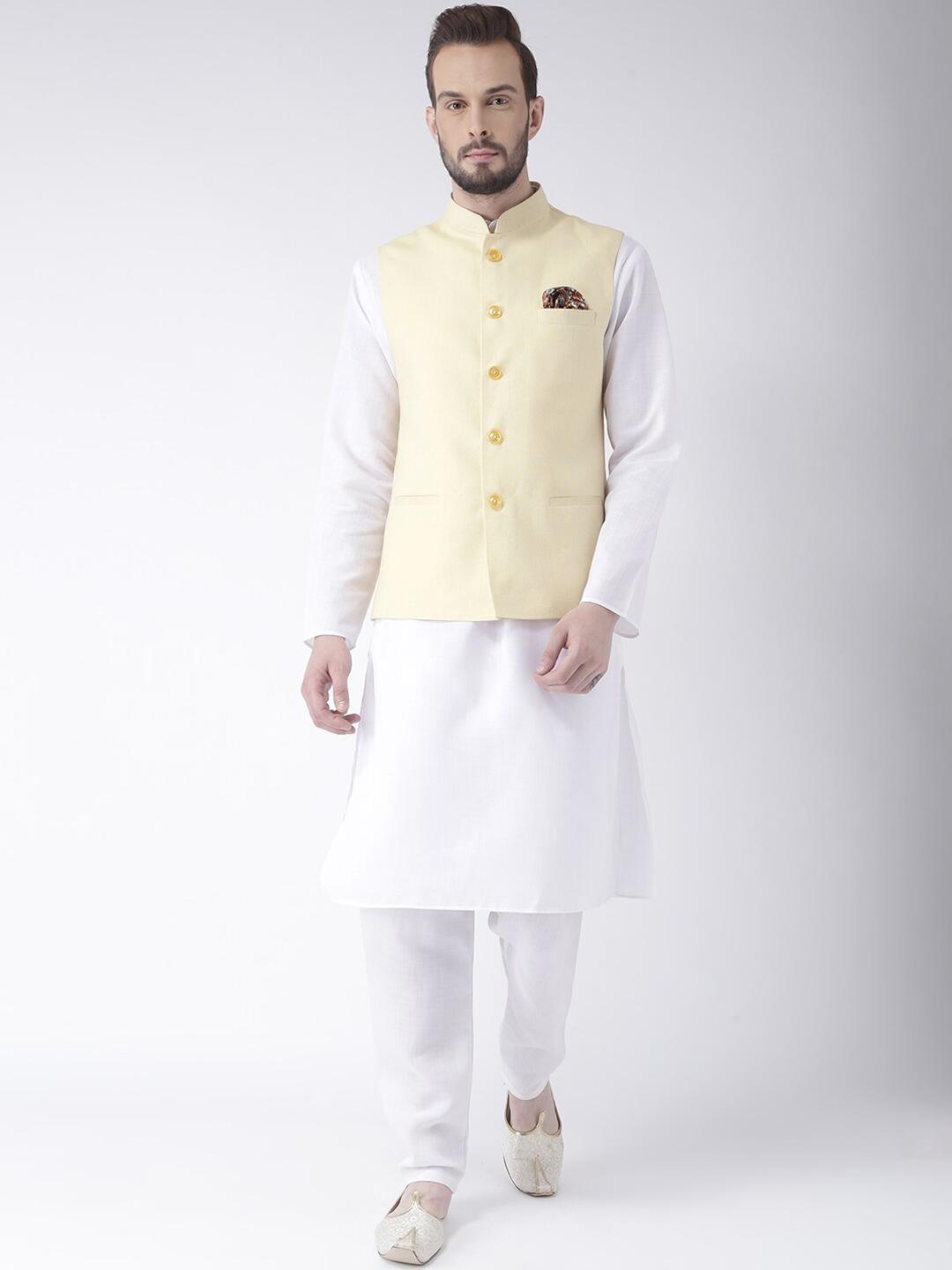 Buy Hangup Trend Men White Pure Cotton Kurta With Pyjamas & Nehru ...