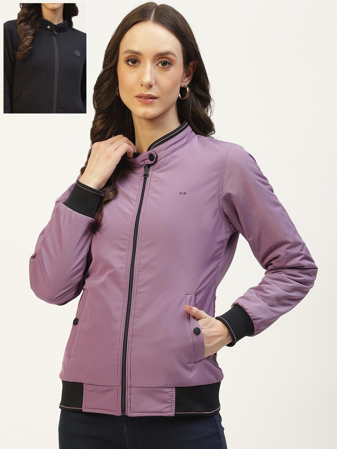 Buy Okane Women Lavender & Black Solid Reversible Padded Jacket ...