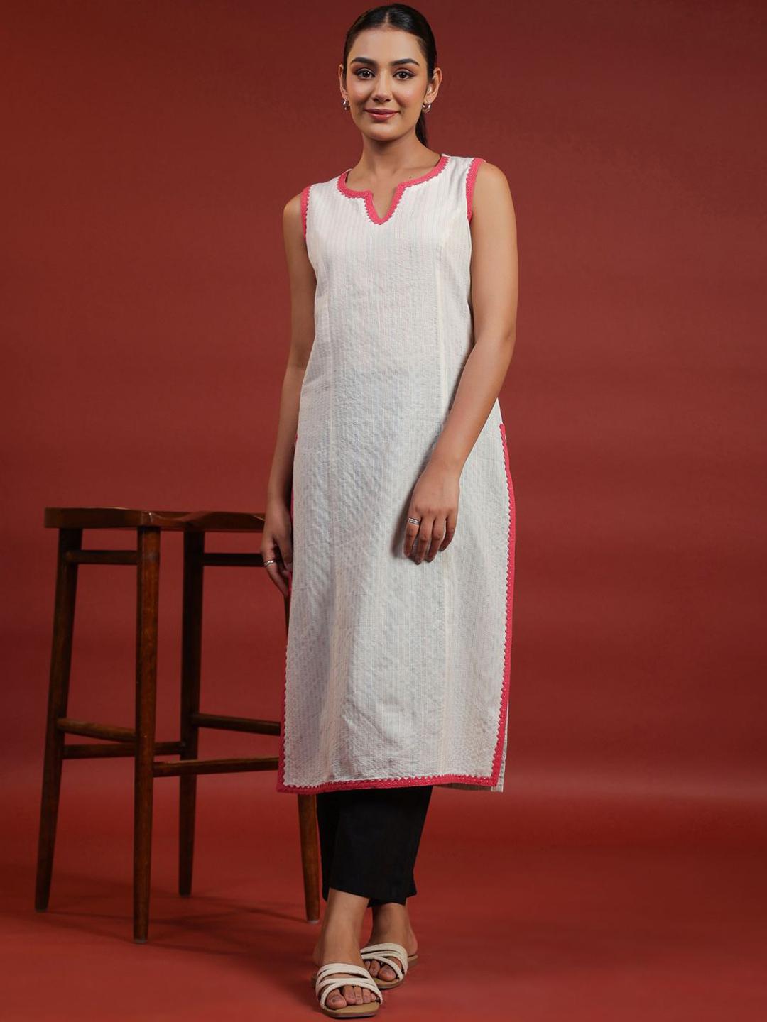 Buy Anayna Women Geometric Thread Work Pastels Dobby Kurta - Kurtas for ...