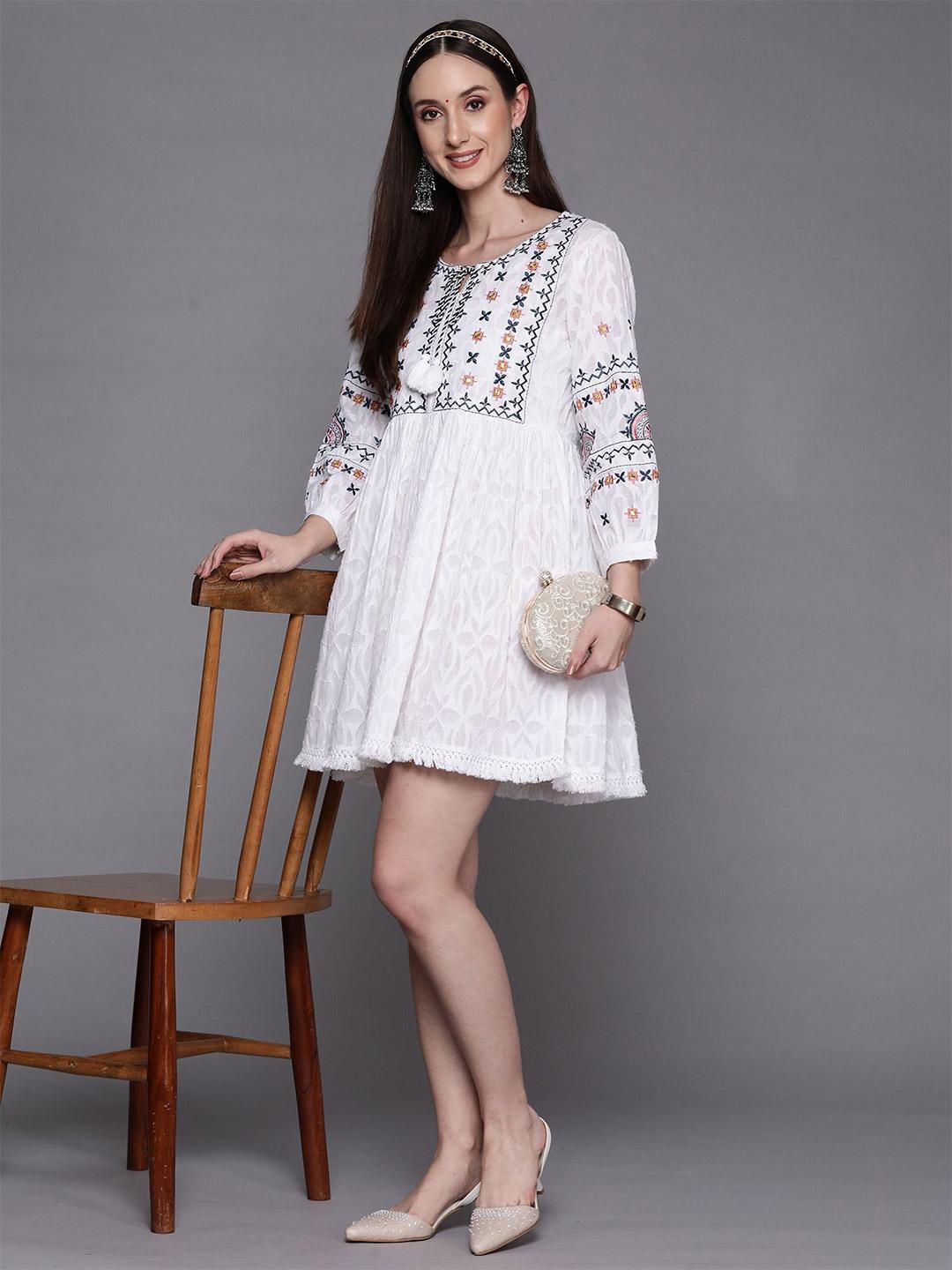 Buy Indo Era Self Design Embroidered Tie Up Neck Puff Sleeve A Line ...