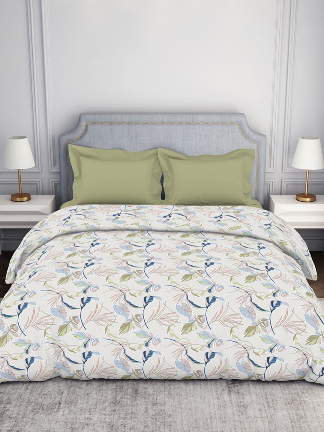 Buy SPACES White & Green Tropical Printed 144 TC Pure Cotton Double Bed ...