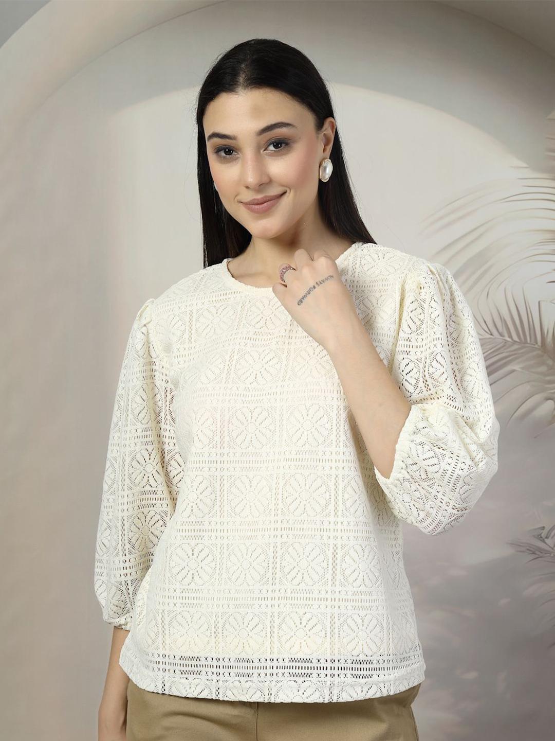 Buy PlusS Women Self Design Crochet Round Neck Cotton Top - Tops for ...