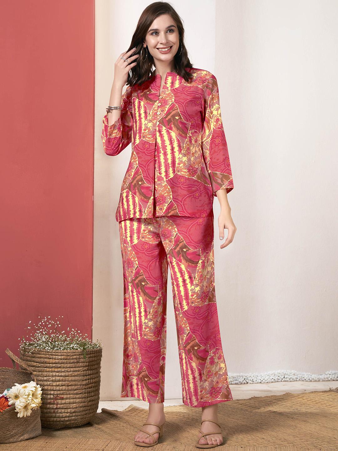 Buy Anouk Pink Printed Mandarin Collar Top With Palazzos - Co Ords for ...