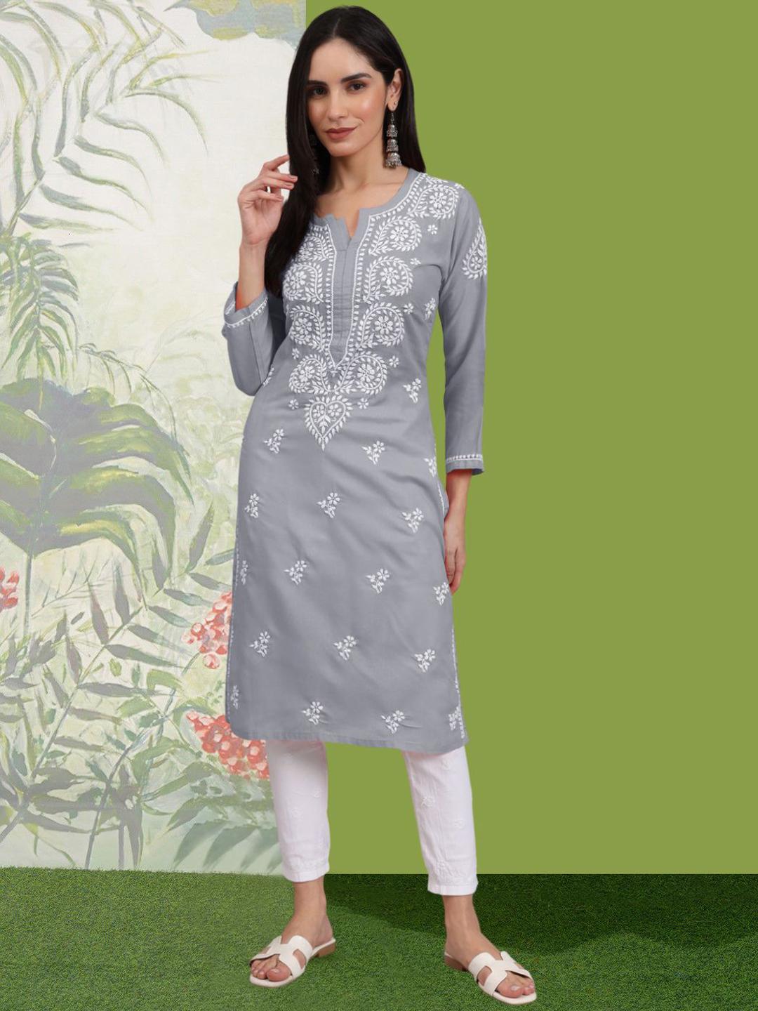 Buy PARAMOUNT CHIKAN Women Embroidered Lucknowi Chikankari Cotton Kurta ...