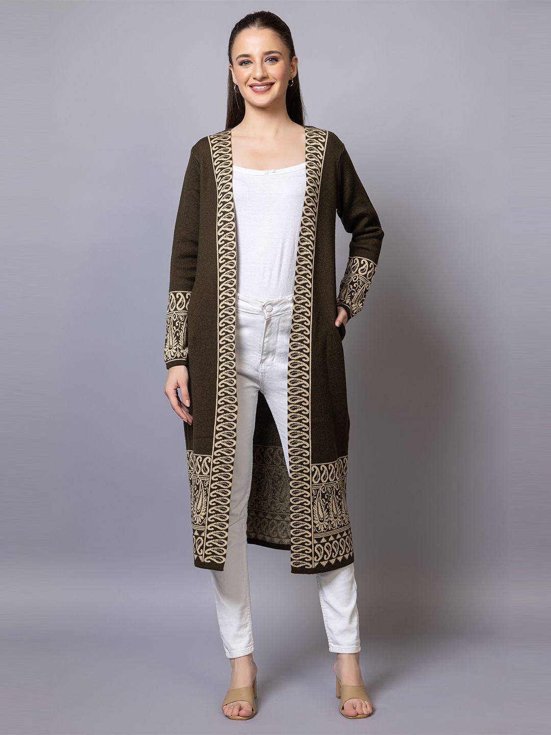 Buy Anouk Mirage Olive Green Ethnic Motifs Printed V Neck Winter Open ...